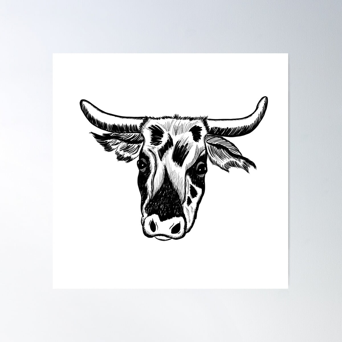 Steer Cow Cattle Illustration Black And White Poster Wall Art, Modern ...