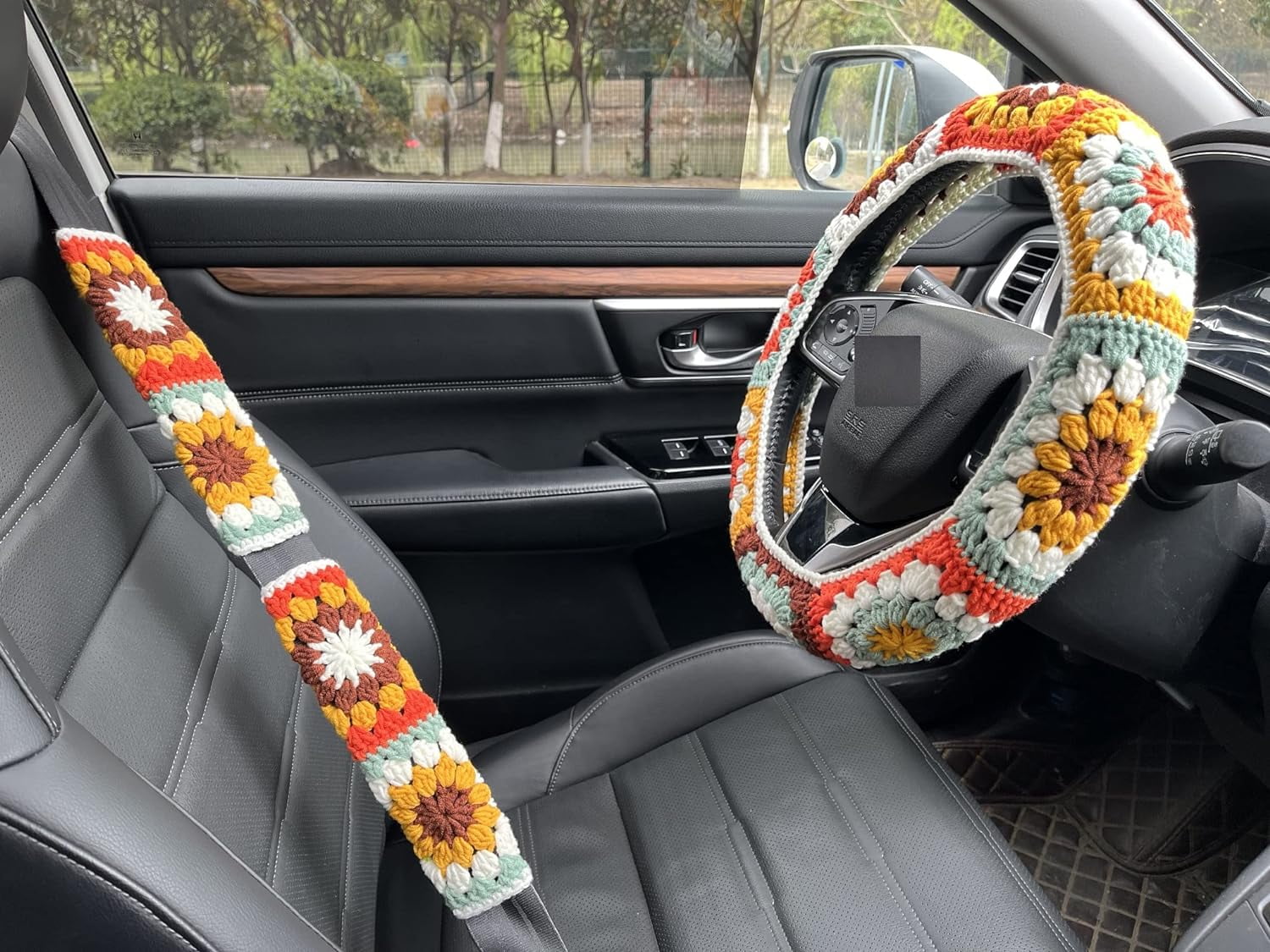 Steering Wheel Cover,Handmade Crochet Rainbow Sunflower Granny Square ...