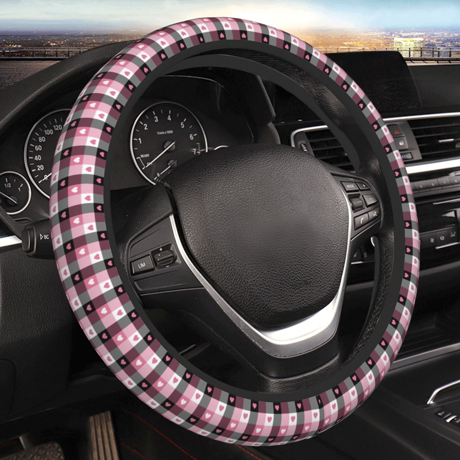 Steering Wheel Cover, Pink heart plaid Cute Car Steering Wheel Cover ...