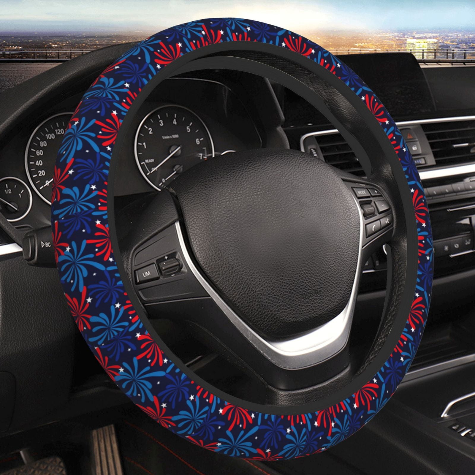 Steering Wheel Cover, Red White Blue Fireworks Cute Car Steering Wheel ...