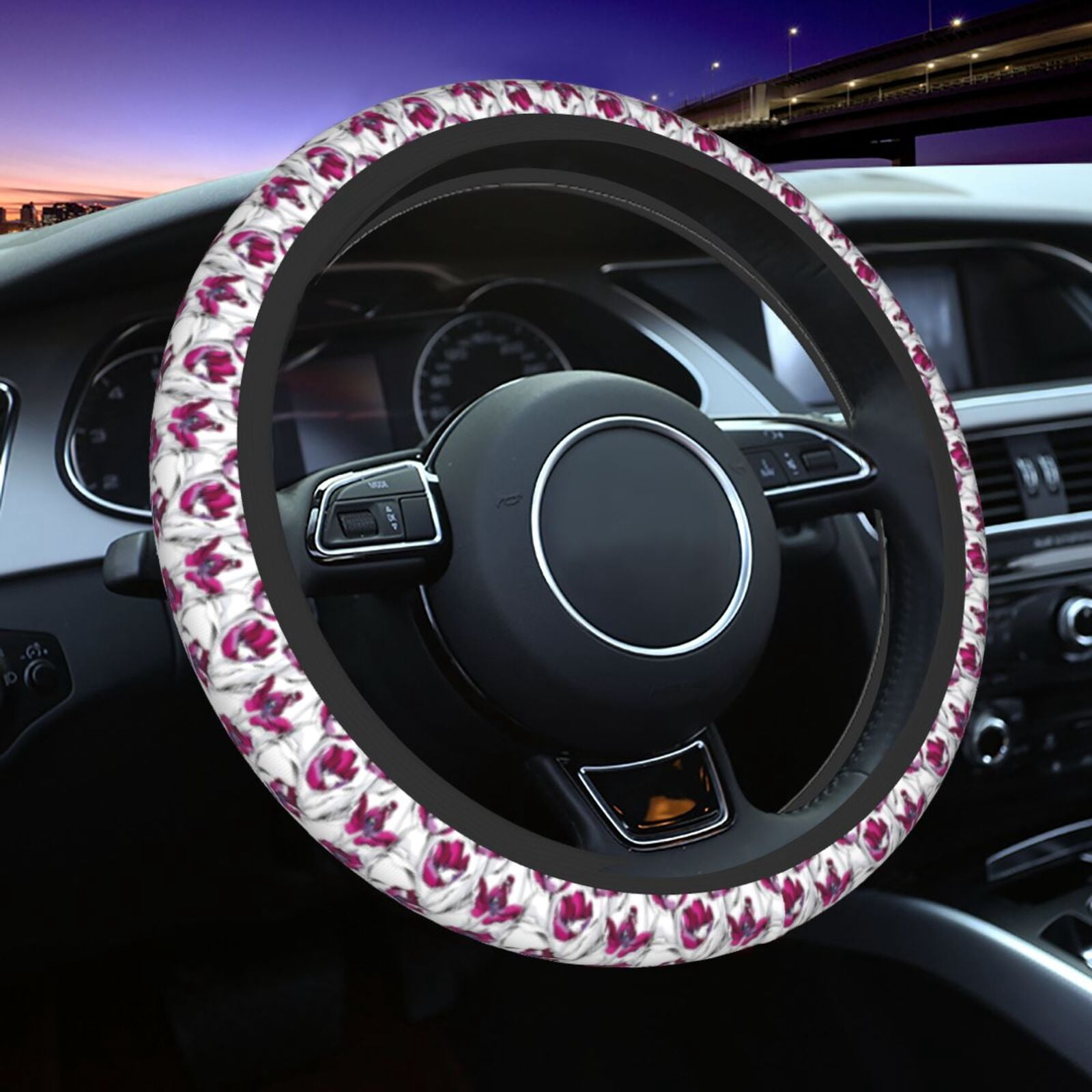 Steering Wheel Cover, Tulips Flowers White Leaves Cute Car Steering ...
