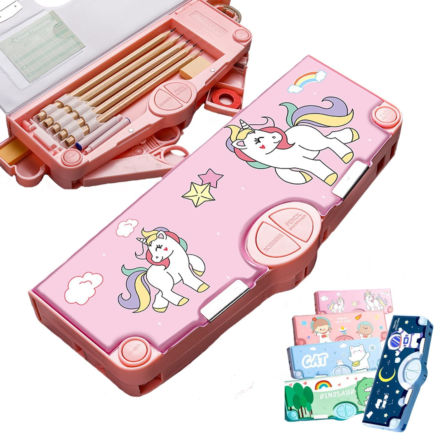 StefIk Multifunction Pop Up Pencil Case Kawaii Cute Cartoon Pencil Box with Scissors Ruler and ...