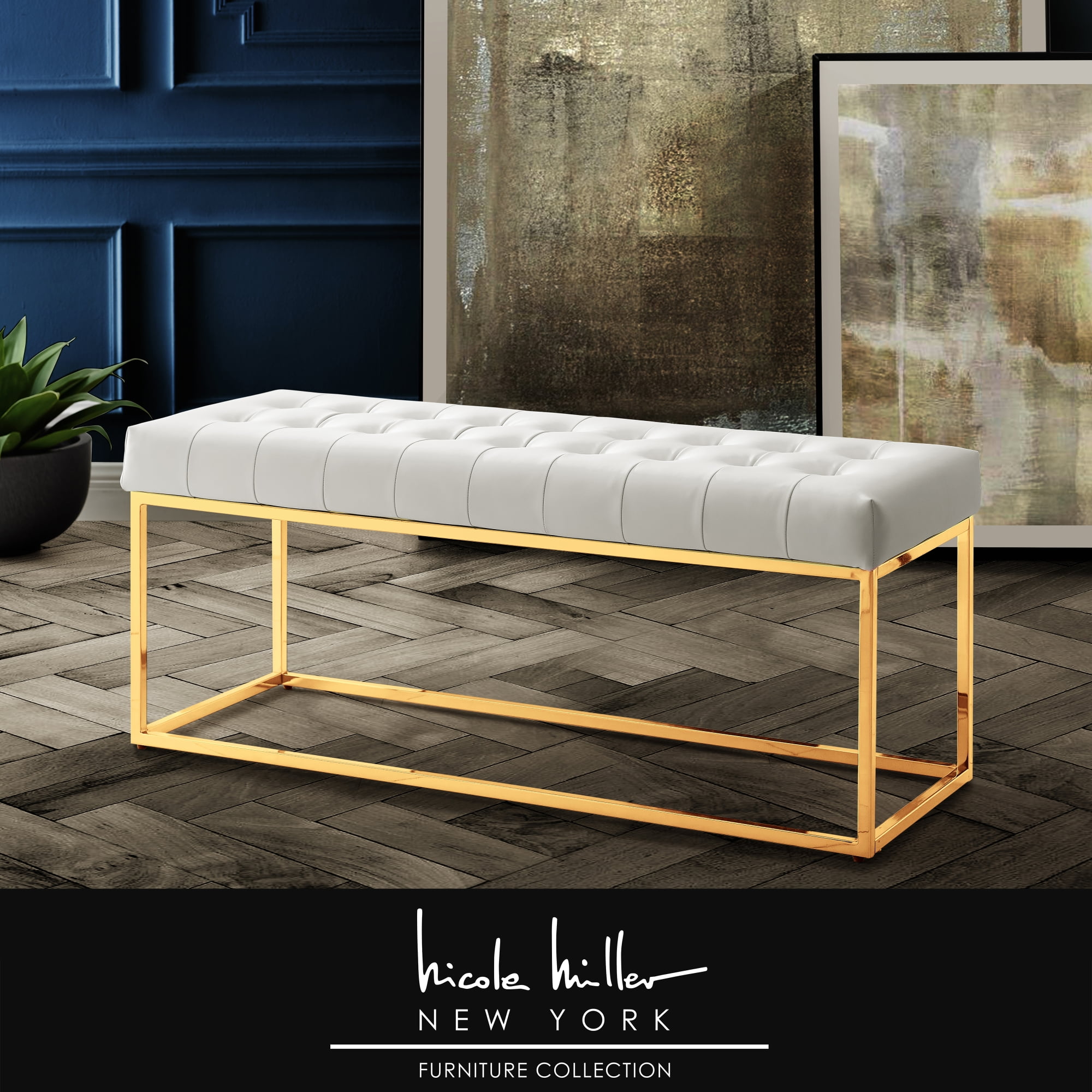 Nicole Miller Jad PU Leather Bench Upholstered Button Tufted Stainless ...