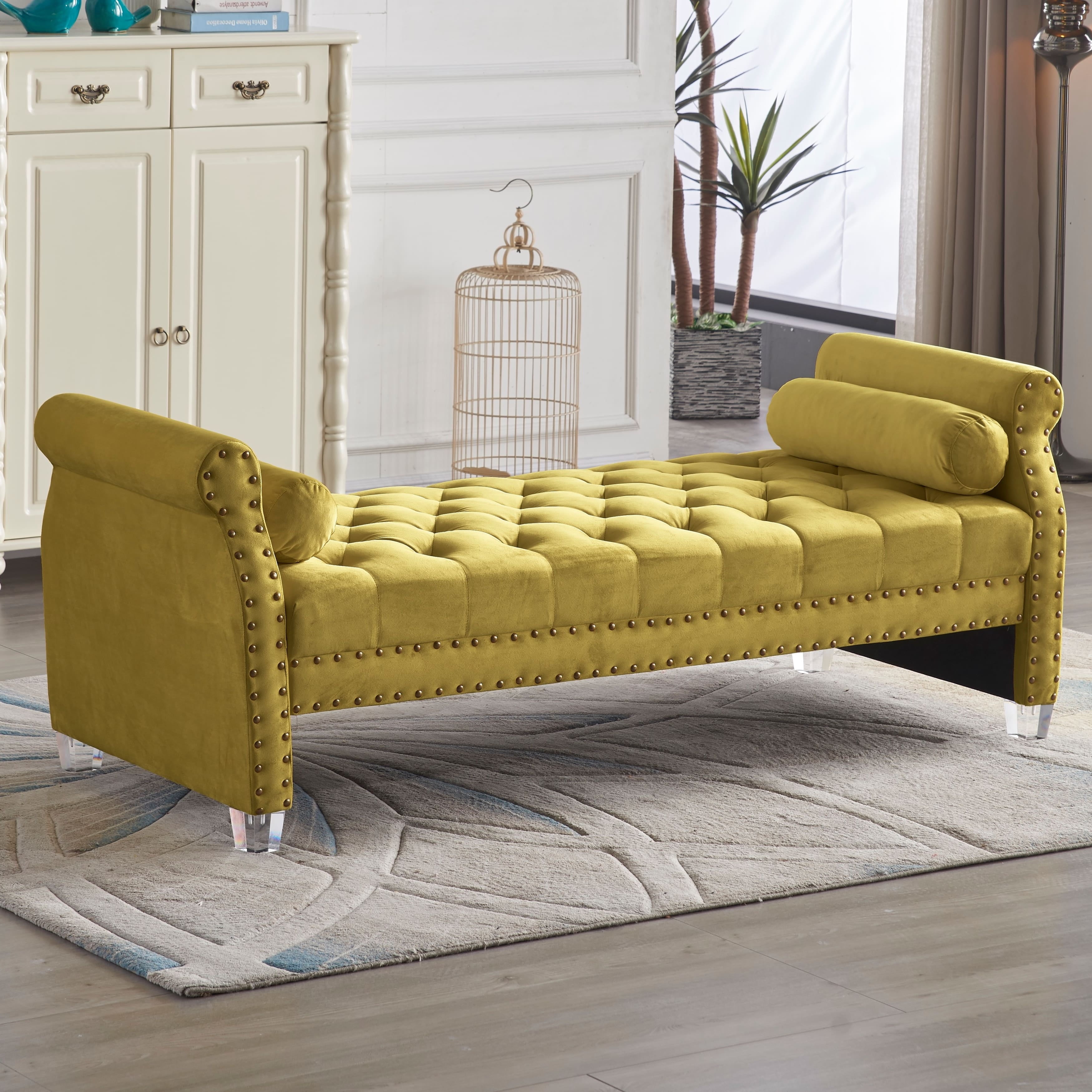 Stefania 71-inch Rolled Arm Oversized Velvet Tufted Upholstered Bench ...