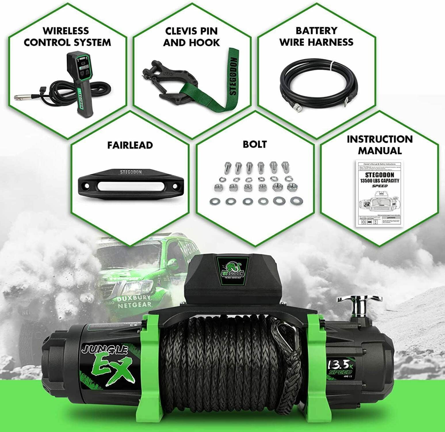 Stegodon Electric Winch 13500Lb 12V Synthetic Rope Towing Truck Jeep ...