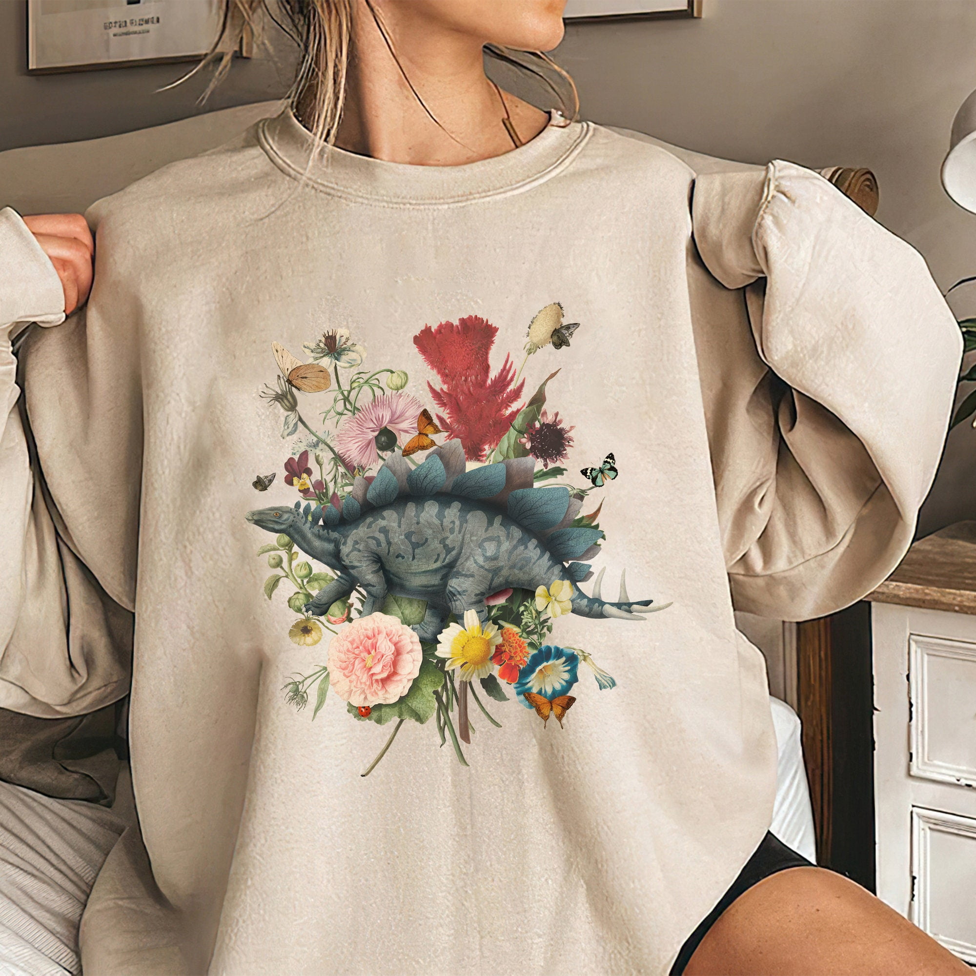 Stegosaurus Dinosaur Botanical Flower Shirt, Cottagecore Dinosaur Shirt ...