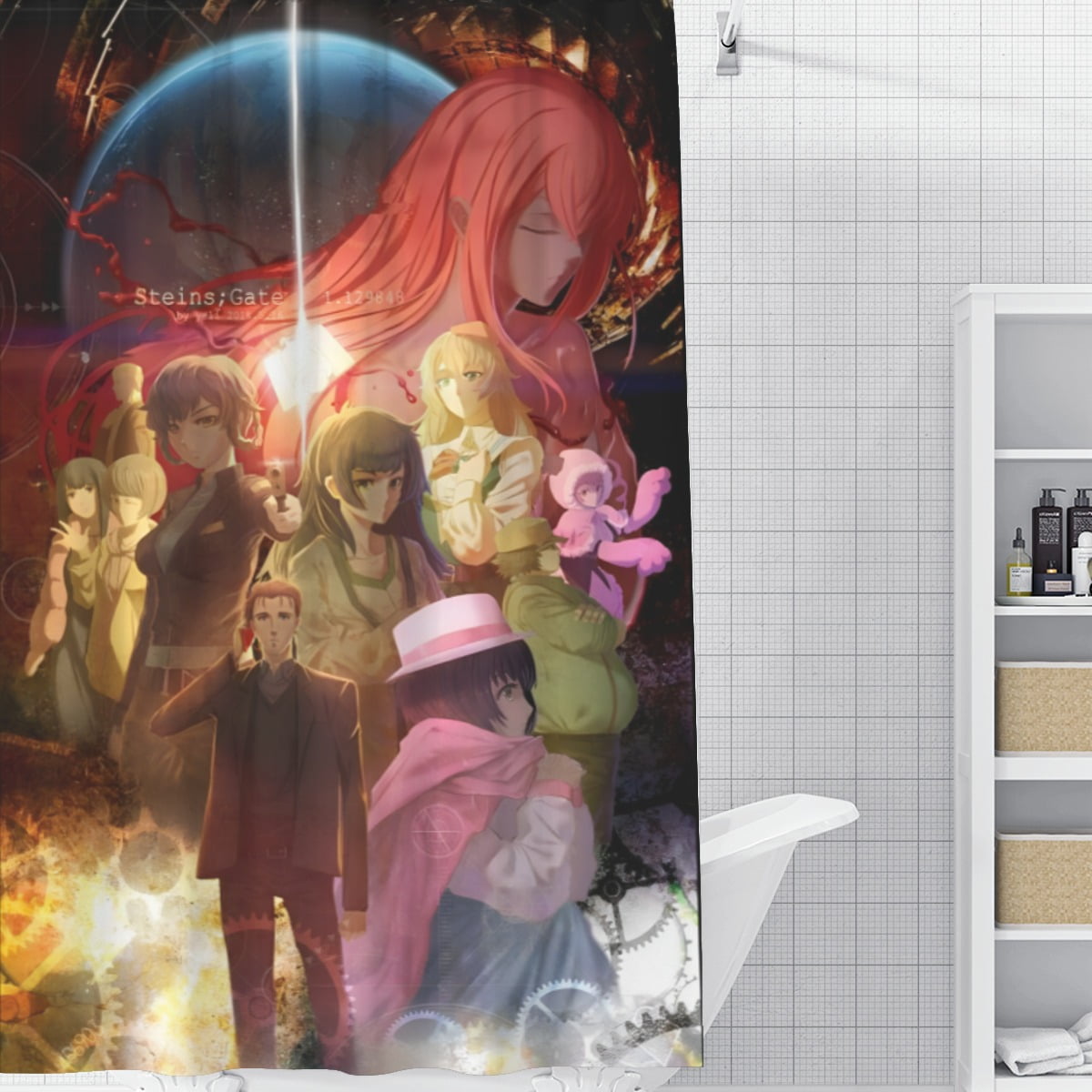 Steins Gate shower curtain features an iconic print, is waterproof and ...