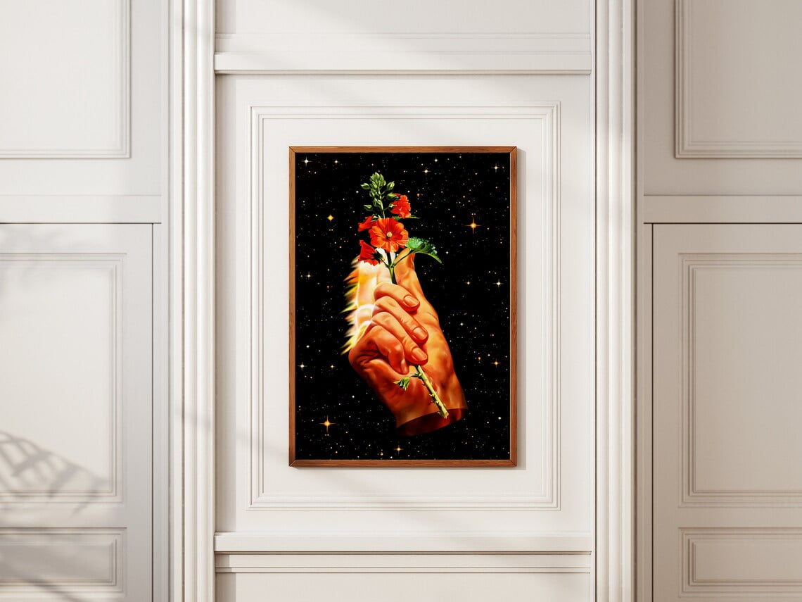 Stellar Bloom Flower Wall Art Print, Retro Psychedelic Decor, Space Art ...