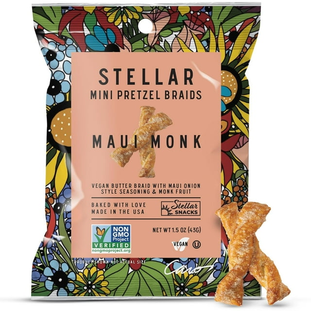 Stellar Pretzel Braids, Maui Monk Sweet Onion, 24 Mini Individual Bags (1.5 oz each) Vegan ...