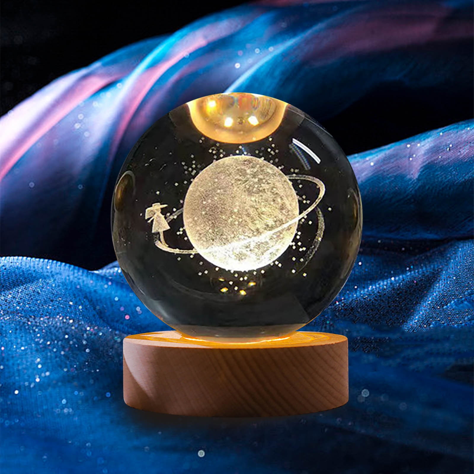 Stellar Sphere Saturn Solar System Night Light, 2.35 Inch Happy Lamps, Changing Color Crystal ...