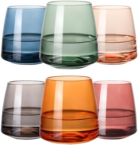 Stemless Colored Wine Glasses Set of 6-15oz, Hand Blown Crystal ...