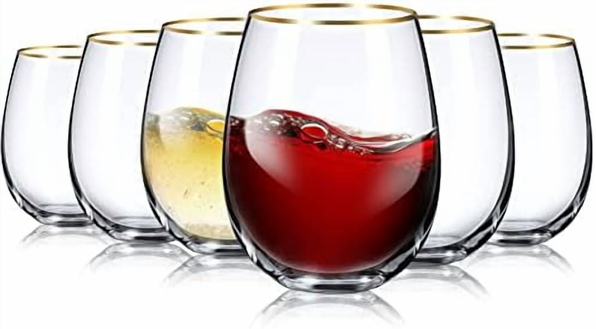Stemless Wine Glasses with Gold Rim, Set of 6, 17 oz Red Wine Glasses ...
