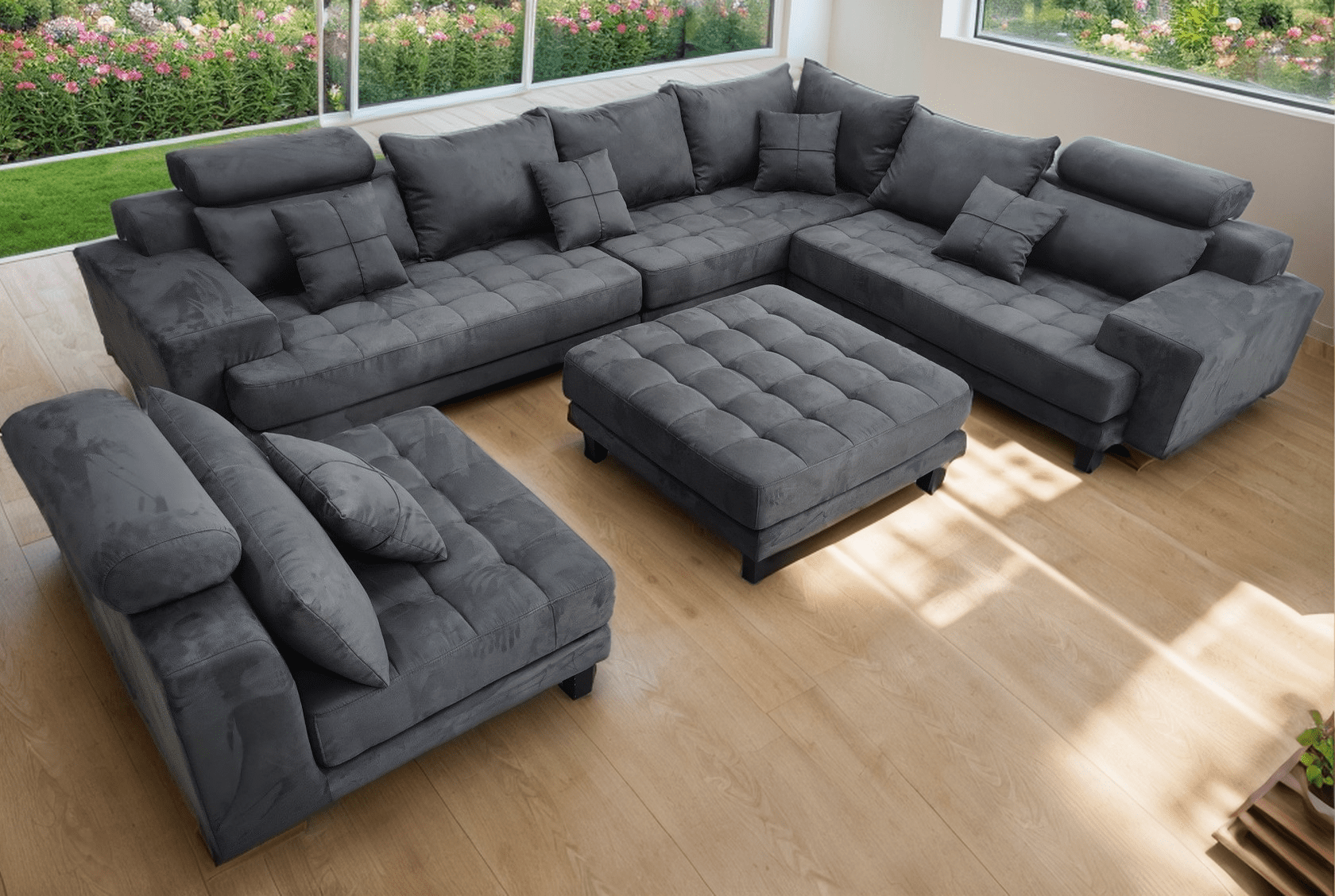 Stendmar L Shape U Shape Reversible Dark Grey Modern Microfiber Fabric ...