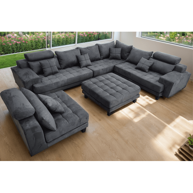 Stendmar L Shape U Shape Reversible Dark Grey Modern Microfiber Fabric ...