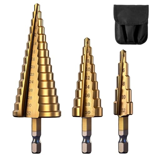 Step Drill Bit Set – 3 Pieces Titanium Coated HSS Unibit Cone Drill Bit ...