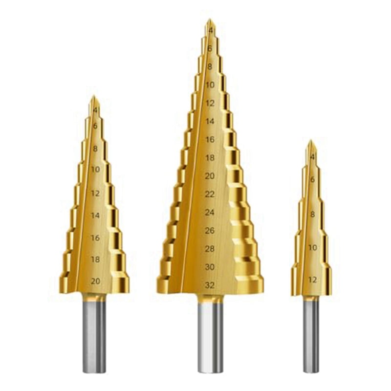 NEW Step Drill Bit Set, 3Pcs Titanium Bits, Metric 4mm to 32mm Cone ...