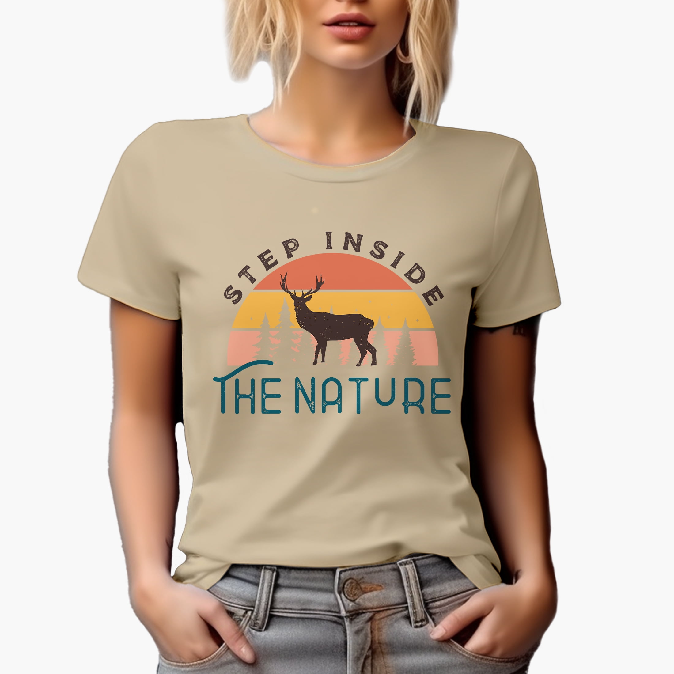 Step Inside the Nature, Retro Deer Art Adventure Themed Merch Gift, Tan ...