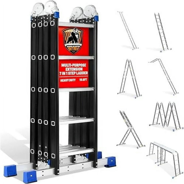 Step Ladder, 19.6ft 7 in 1 Folding Ladder Multi-Purpose Aluminium ...