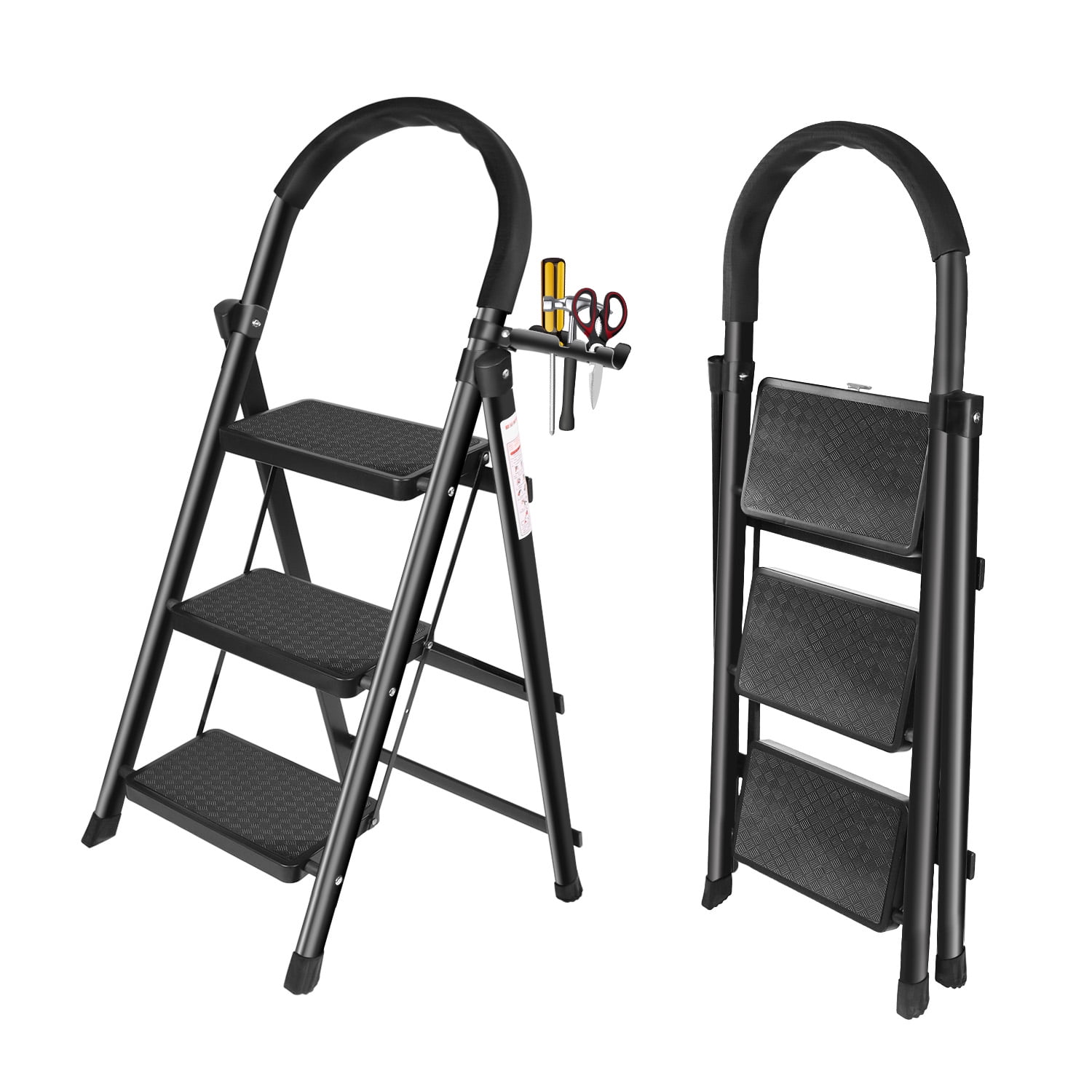 MMIZTFC 3 Step Ladder 330lb Capacity, Steel Folding Portable Step Stool ...