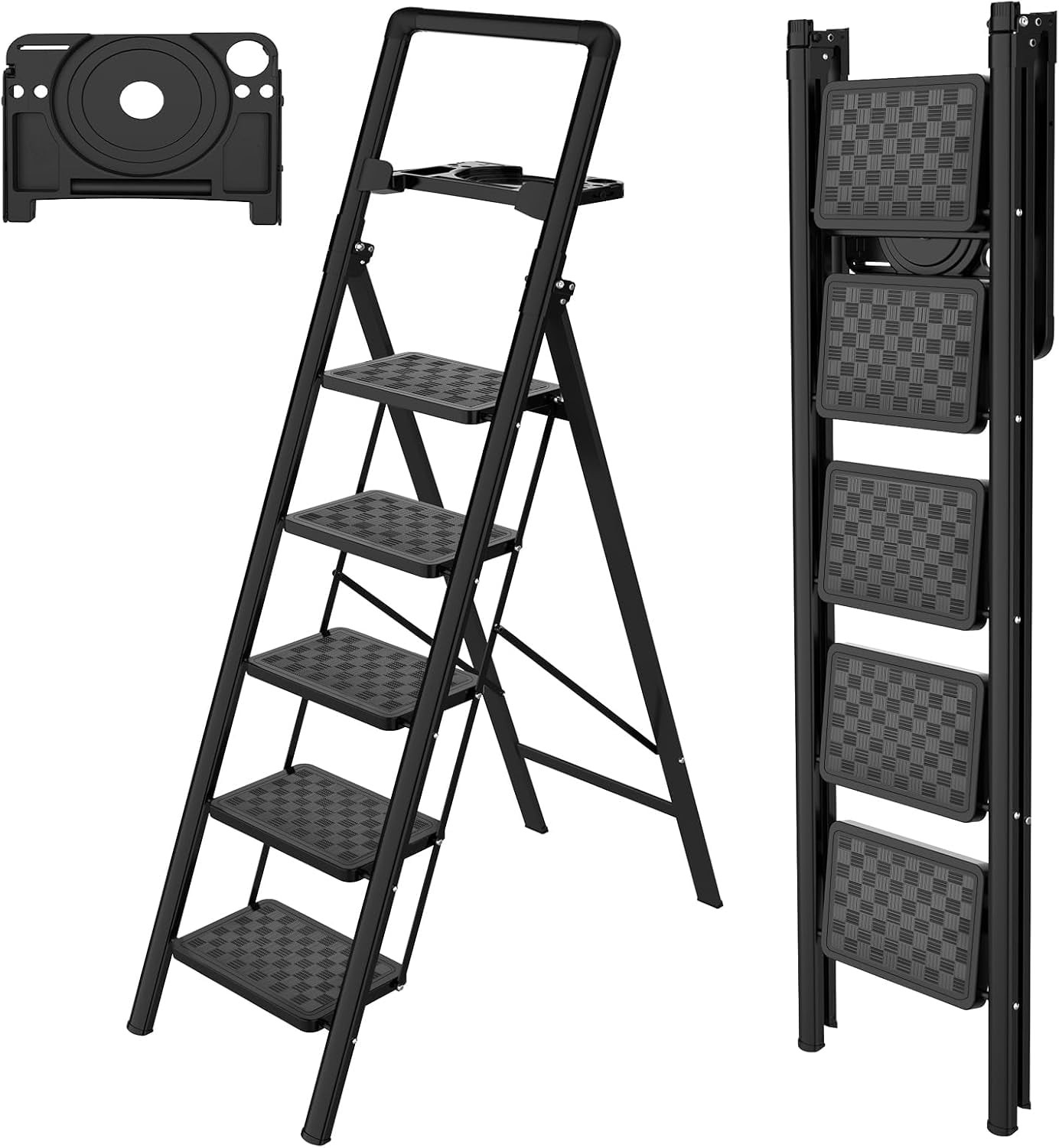 Step Ladder, 5 Step Ladder Folding Step Stool with Tool Platform ...