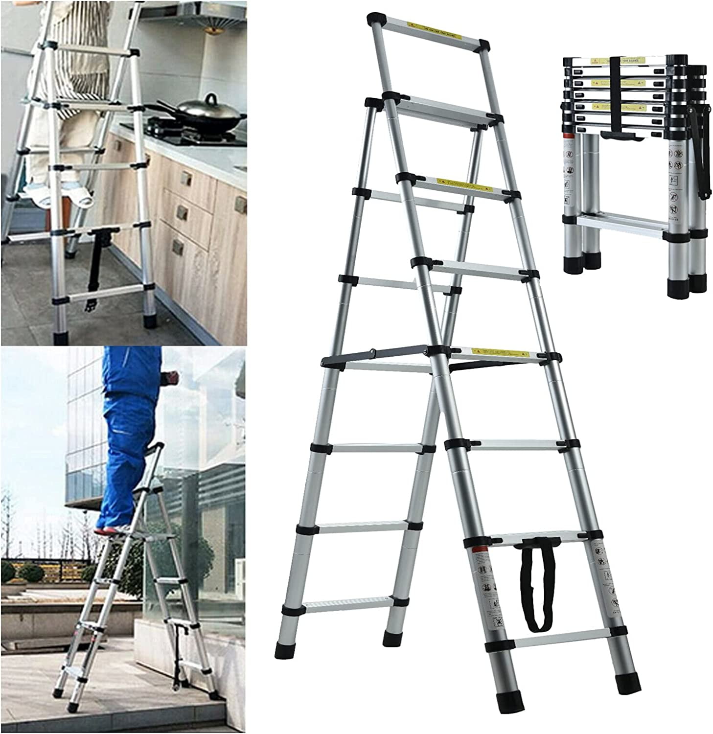 Step Ladder 6+7 Extension Ladder 6.4FT Aluminum Telescoping Ladder ...