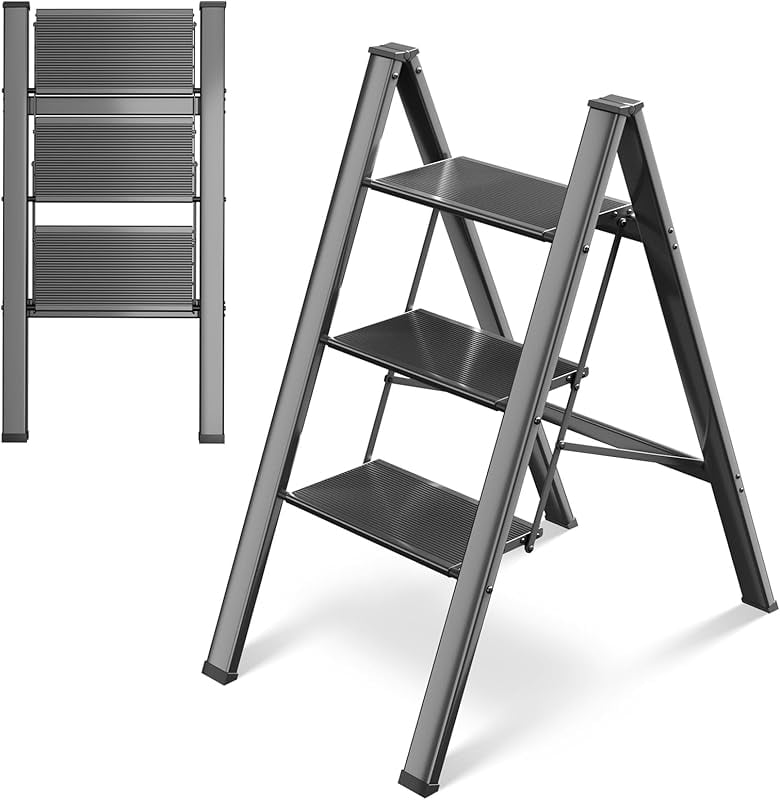 Step Ladder, Aluminum Step Ladder 3 Step Folding with Anti-Slip Pedal ...