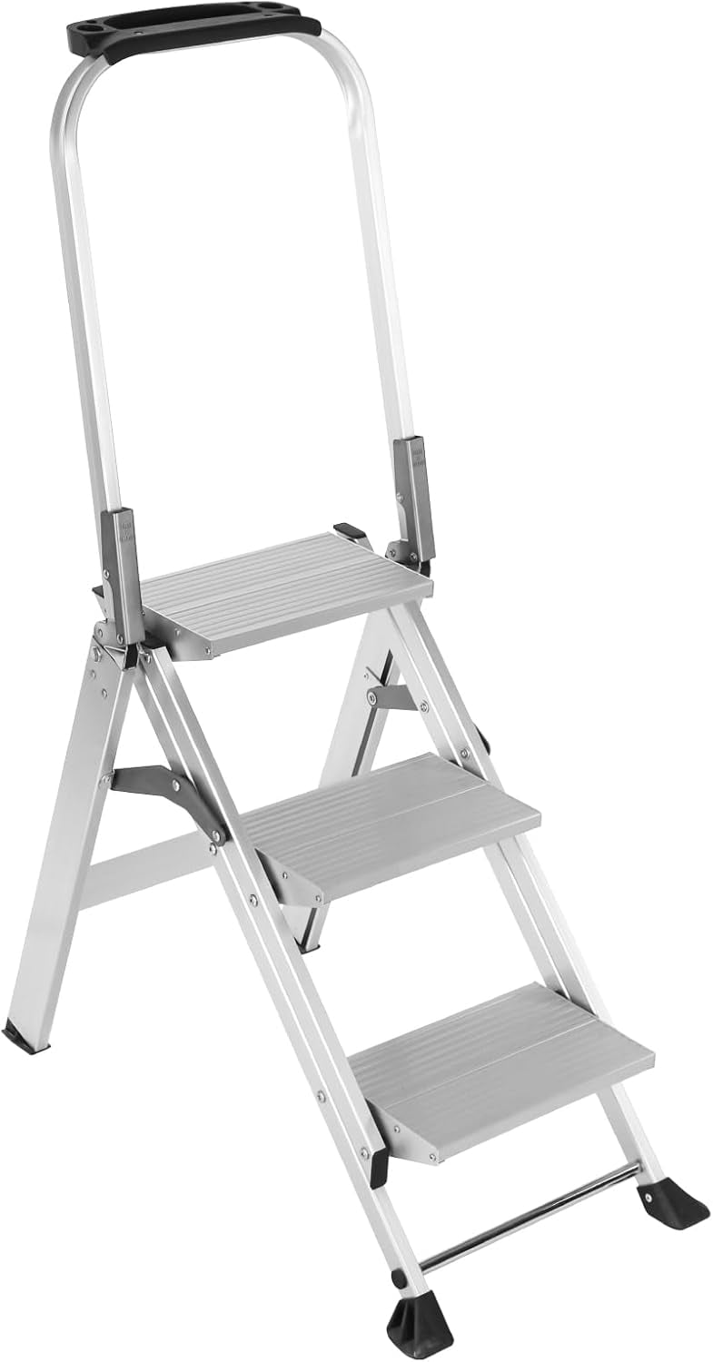 Step Ladder Pro with Tool Platform, Aluminum Folding 3 Step Stool with Non-Slip Wide Pedal ...