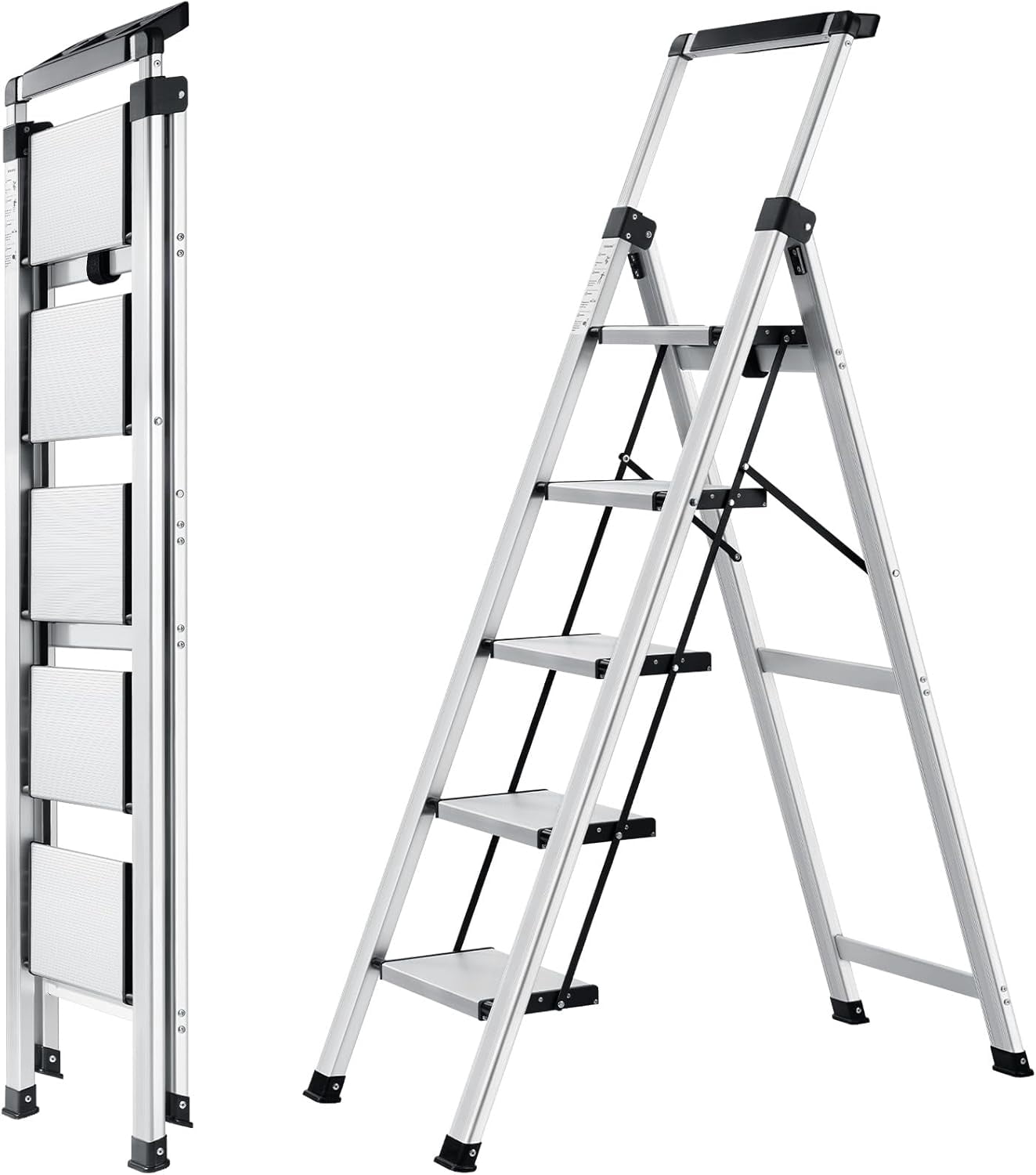 Step Ladder Retractable Handgrip Folding Step Stool with -Slip Wide ...