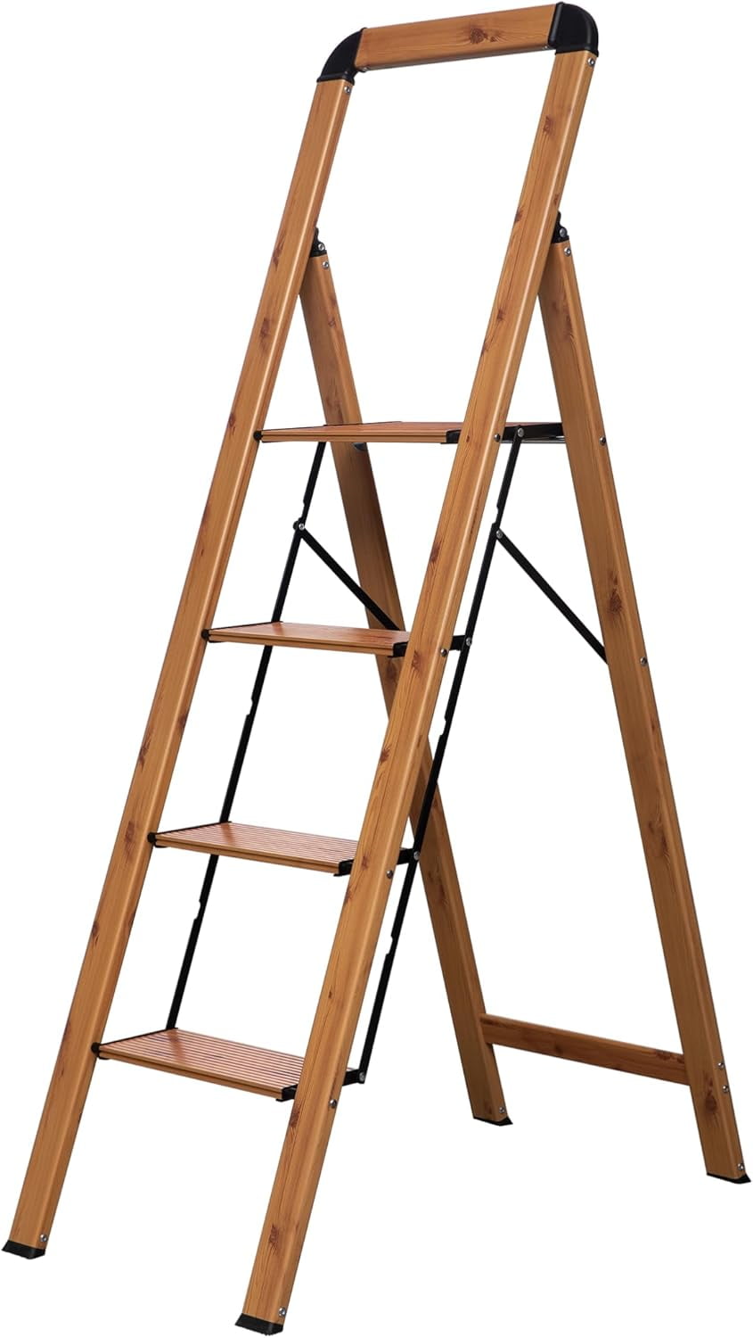 Step Ladder Woodgrain Finish Aluminum Folding Step Stool 4 Step Stairs ...