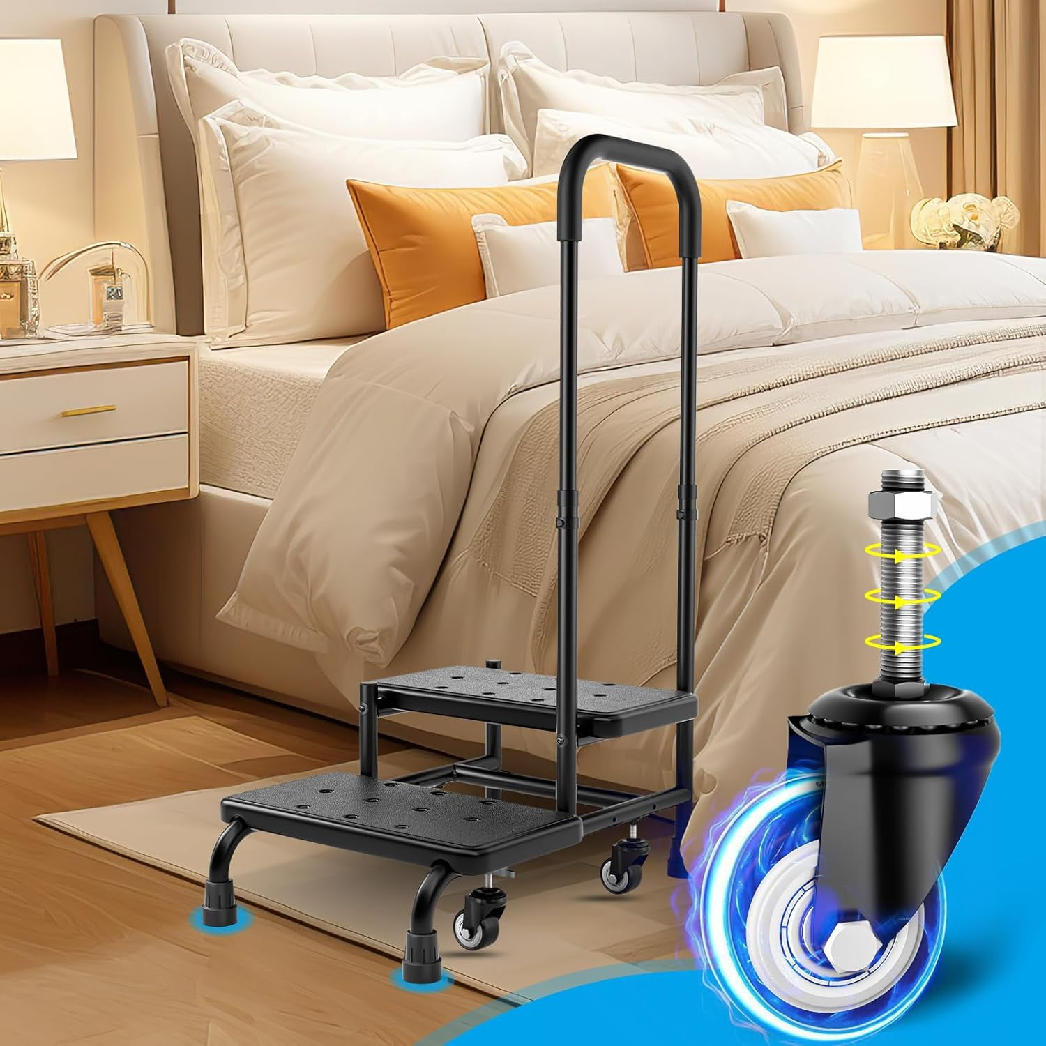 Step Stool with Handle for Elderly with Wheel - Heavy Duty Bed Steps ...
