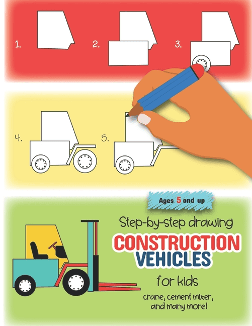 Step-by-step drawing construction vehicles for kids crane, cement mixer ...