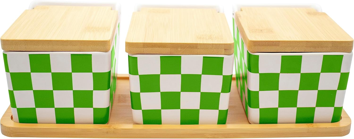 Stephanie Imports Set of 3 Classic Checkered Pattern Ceramic Condiment ...