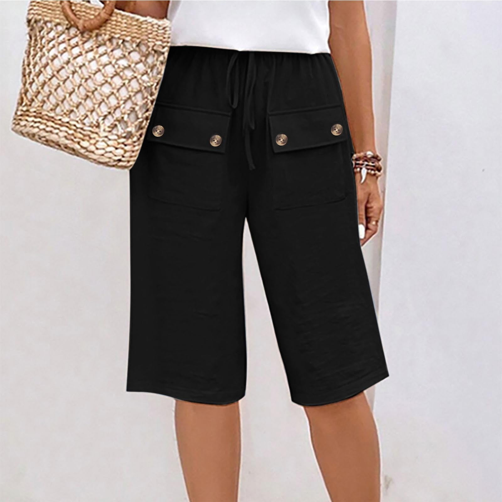 Stephy Pants for Women 2025 Elastic High Waist Pant with Pockets Straight Wide Leg Cropped ...
