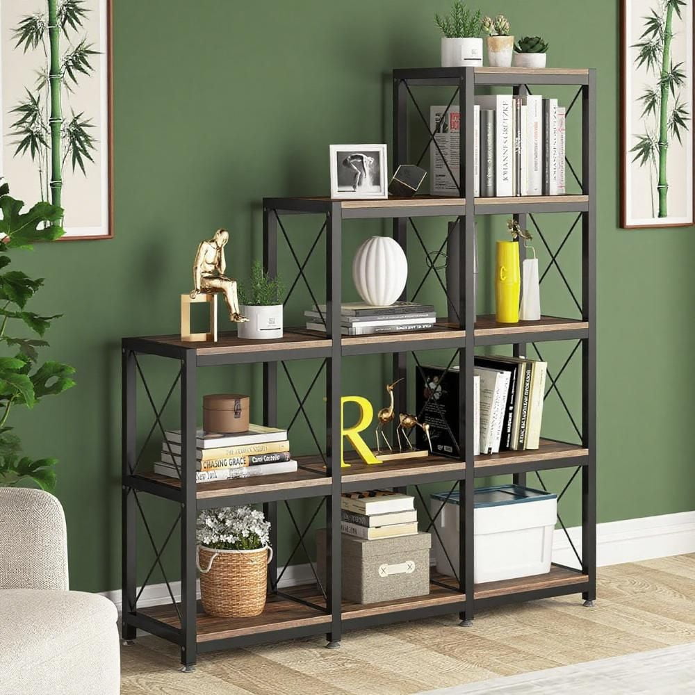 Stepped Bookshelf, 9 Cube Etagere Bookcase - Vintage Style Ladder Shelf ...