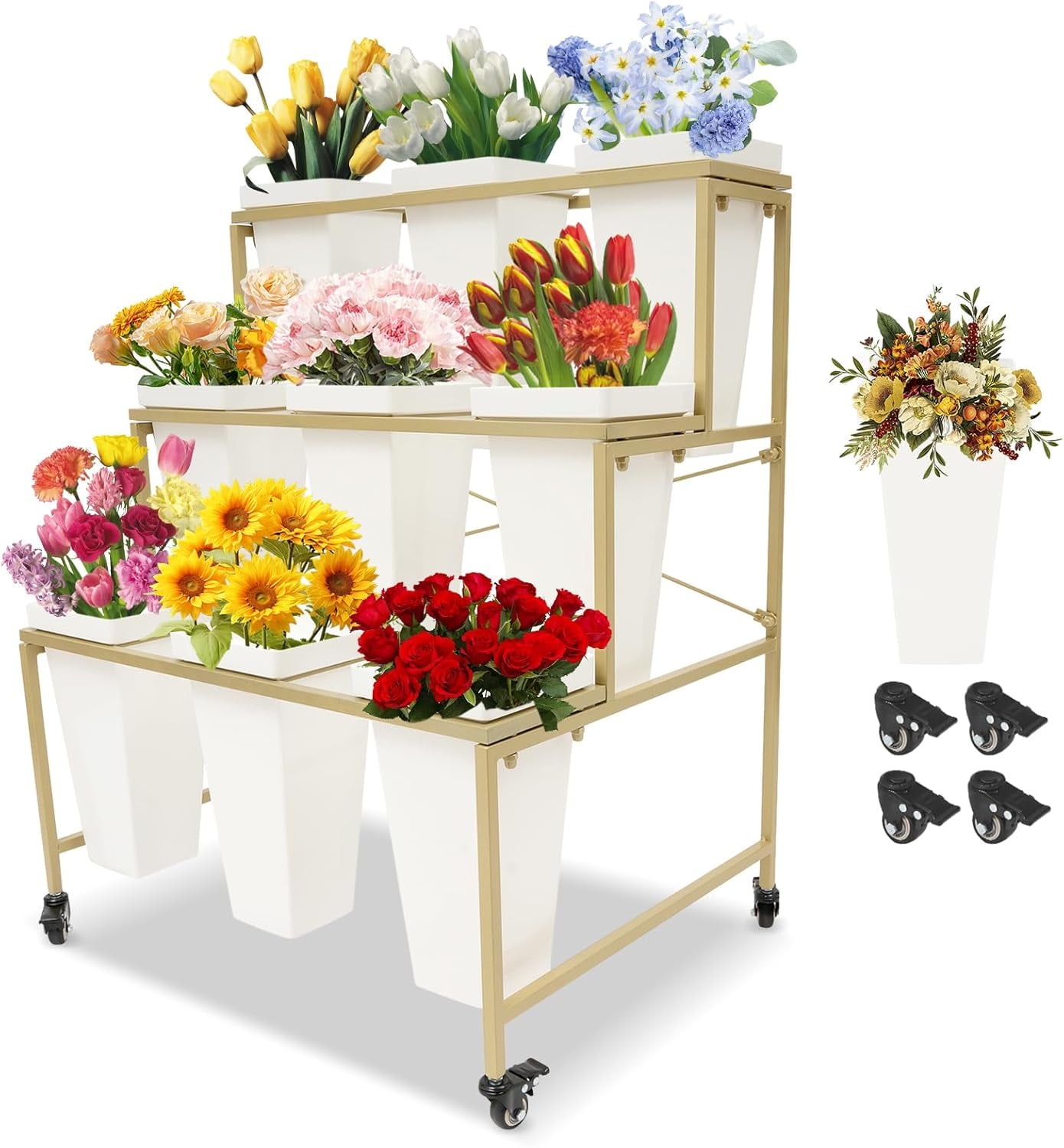 Stepped Flower Display Stand - Metal Frame Holder with PP Buckets and ...