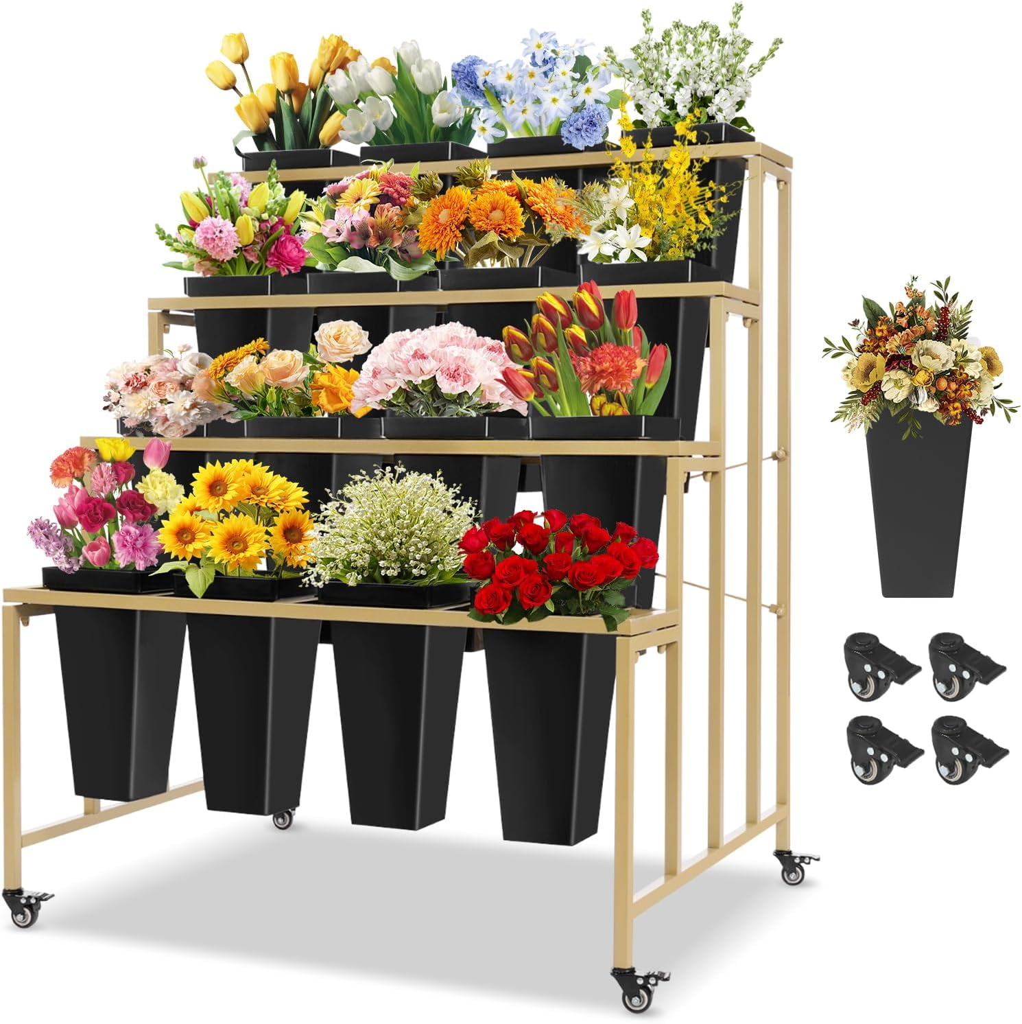 Stepped Flower Display Stand - Metal Frame Holder with PP Buckets and ...