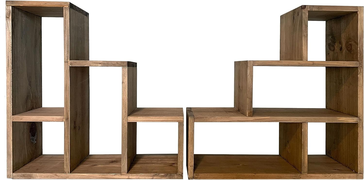 Stepped Shelf Units, Set of 2, Stackable, Natural, Solid Fir Wood, 15 ...