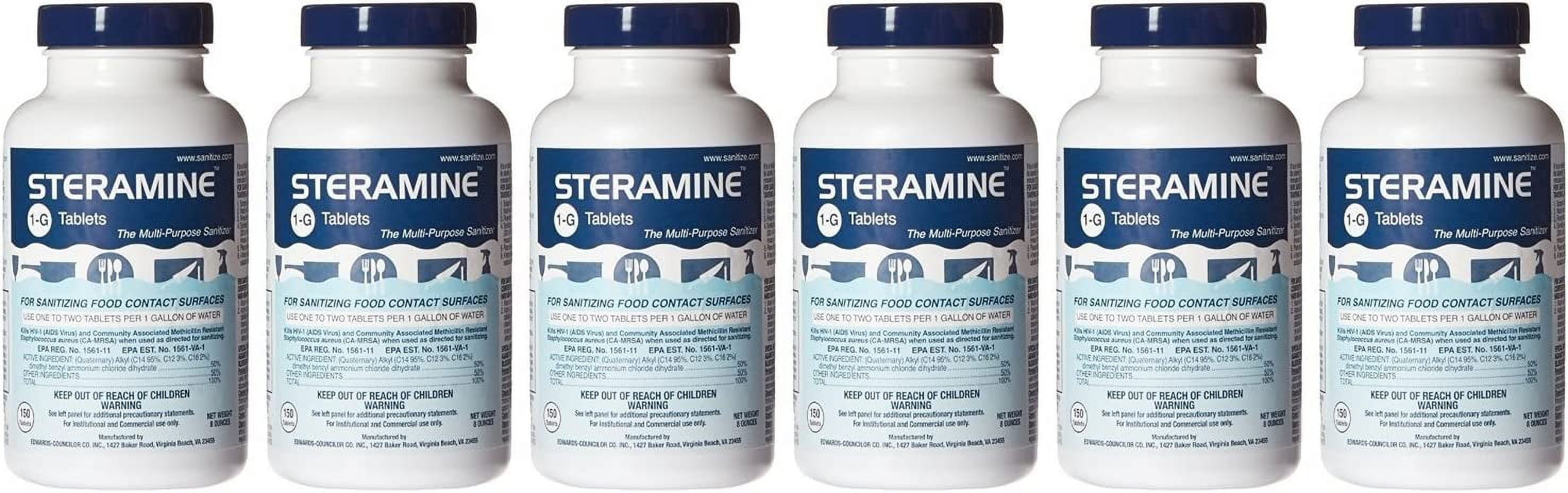 Steramine Quaternary Sanitizing Tablets (6 Pack of 150 Each), Blue ...