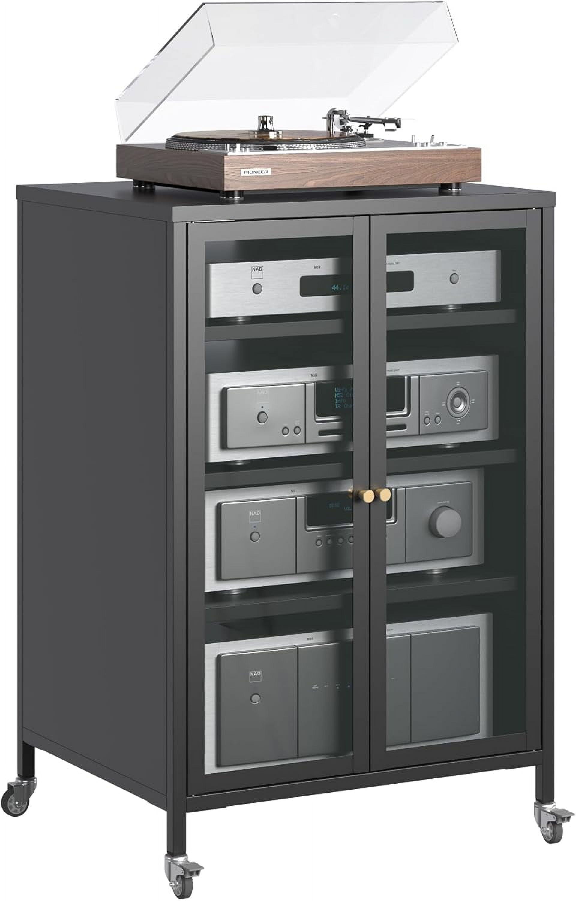 Stereo Cabinet, Metal Media Storage Cabinet with Glass Doors, Audio ...
