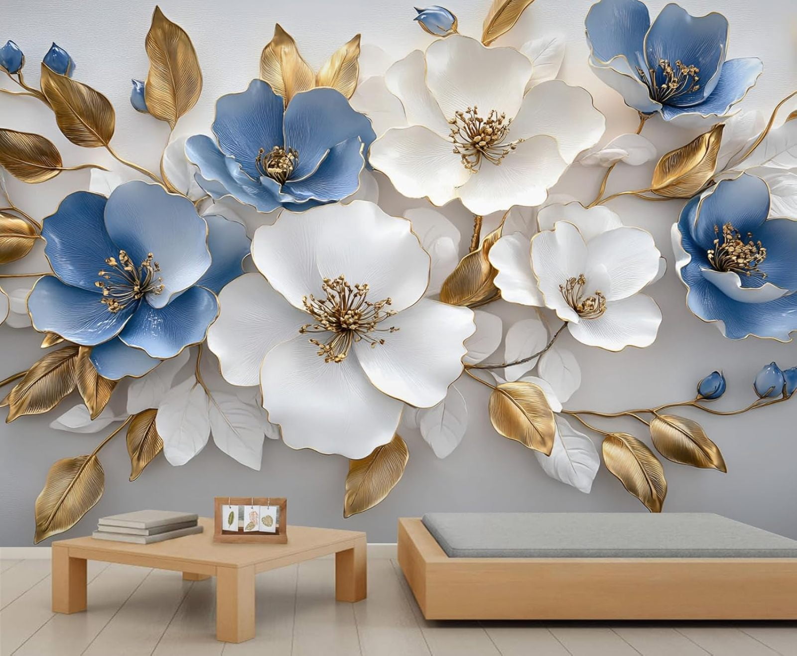 Stereo Relief Blue And White Flowers Wall Mural, Luxury Gold Leaf ...