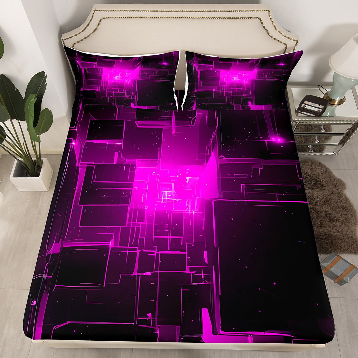 Stereoscopic Neon Geometry Bedding Set Purple and Black Plaid Square ...
