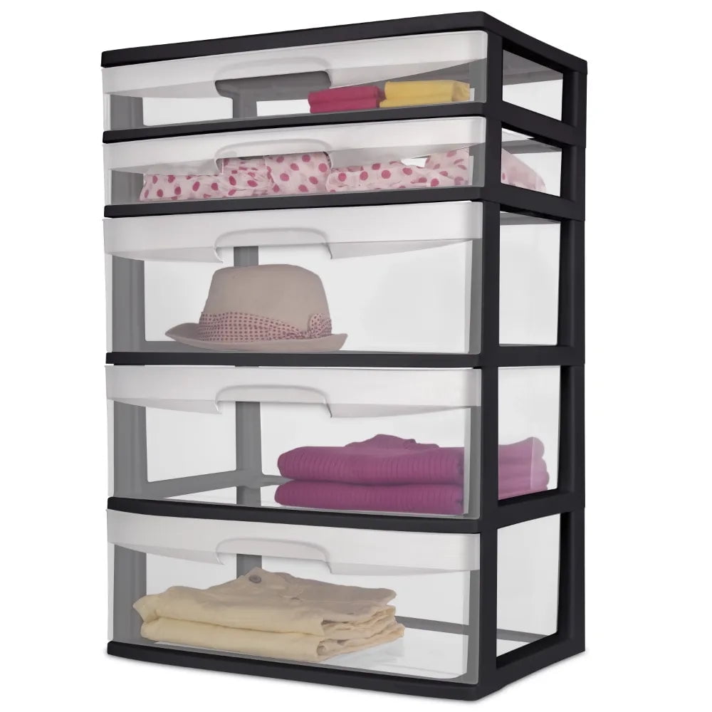 "Growtochoice Sterilite Plastic 5 Drawer Wide Tower, Black, Clothes ...