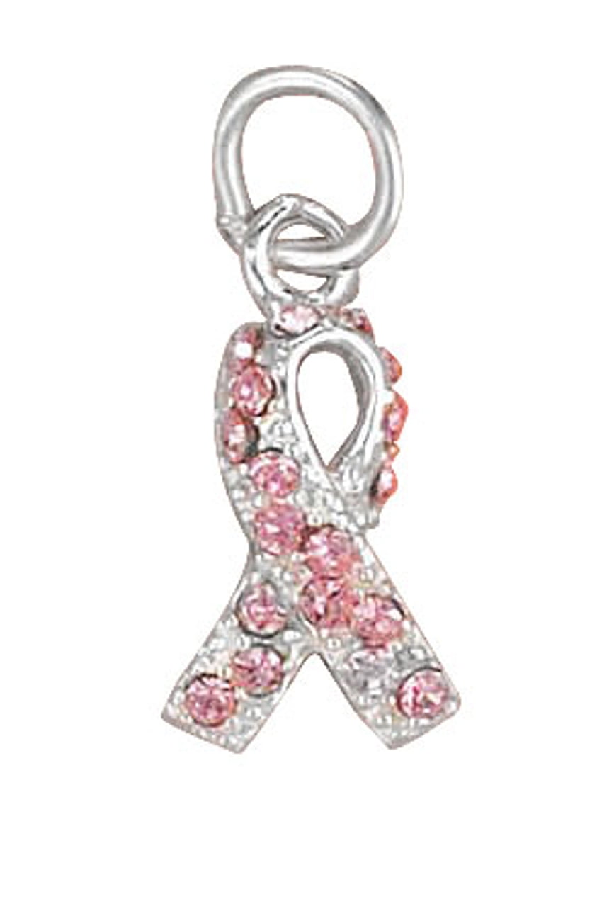 Sterling Silver 16" .8mm Box Chain Pink Crystal Breast Cancer Awareness ...