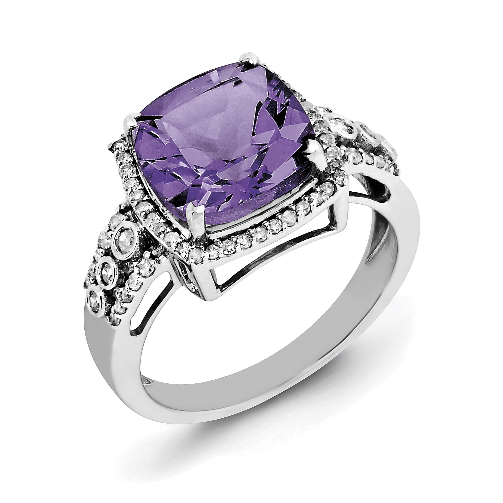 Sterling Silver Rhodium-plated Checker-Cut Amethyst & Diamond Ring ...