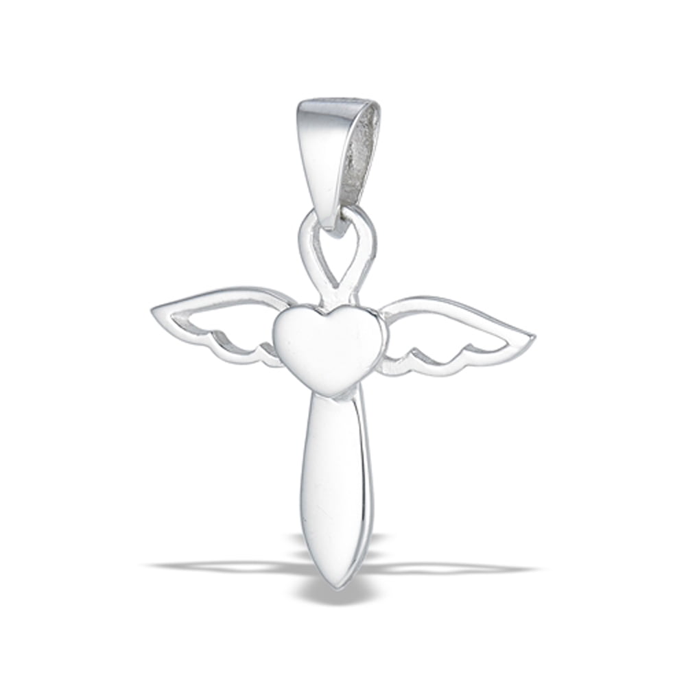 Sterling Silver Angel Cross Pendant Promise Heart Wing High Polish ...