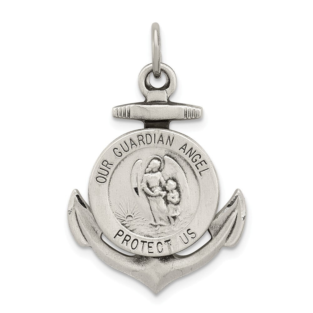 Sterling Silver Antiqued Guardian Angel on Anchor Medal Pendant QC7371 ...