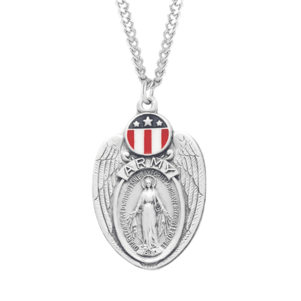 Sterling Silver Army Shield Miraculous Medal with Red, White & Blue ...
