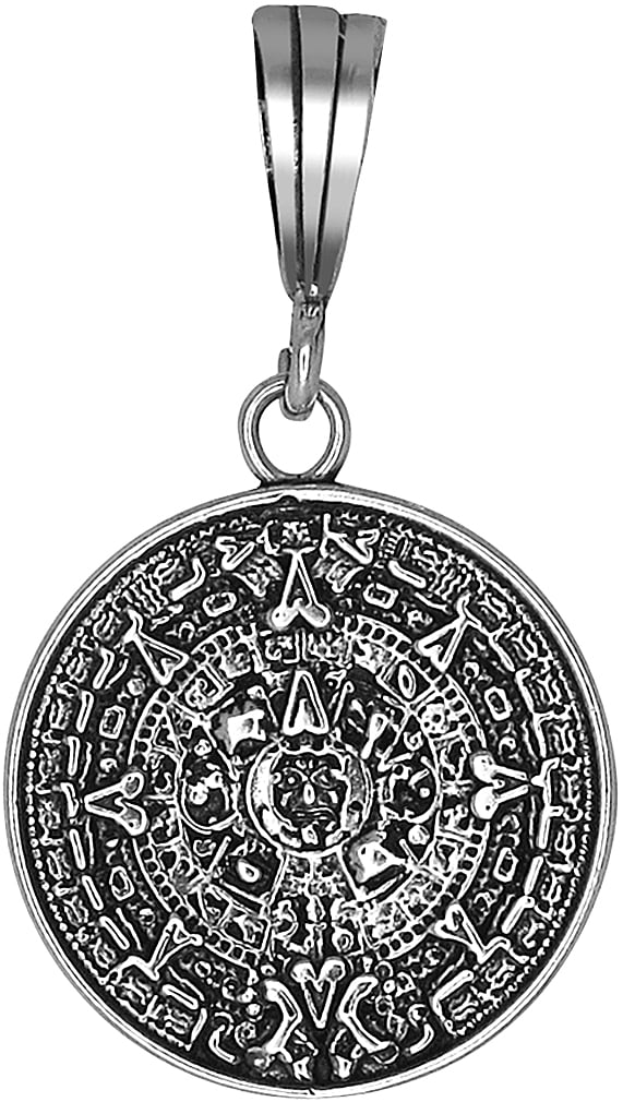 Sterling Silver Aztec Calendar Charm Pendant Necklace Antique Finish ...