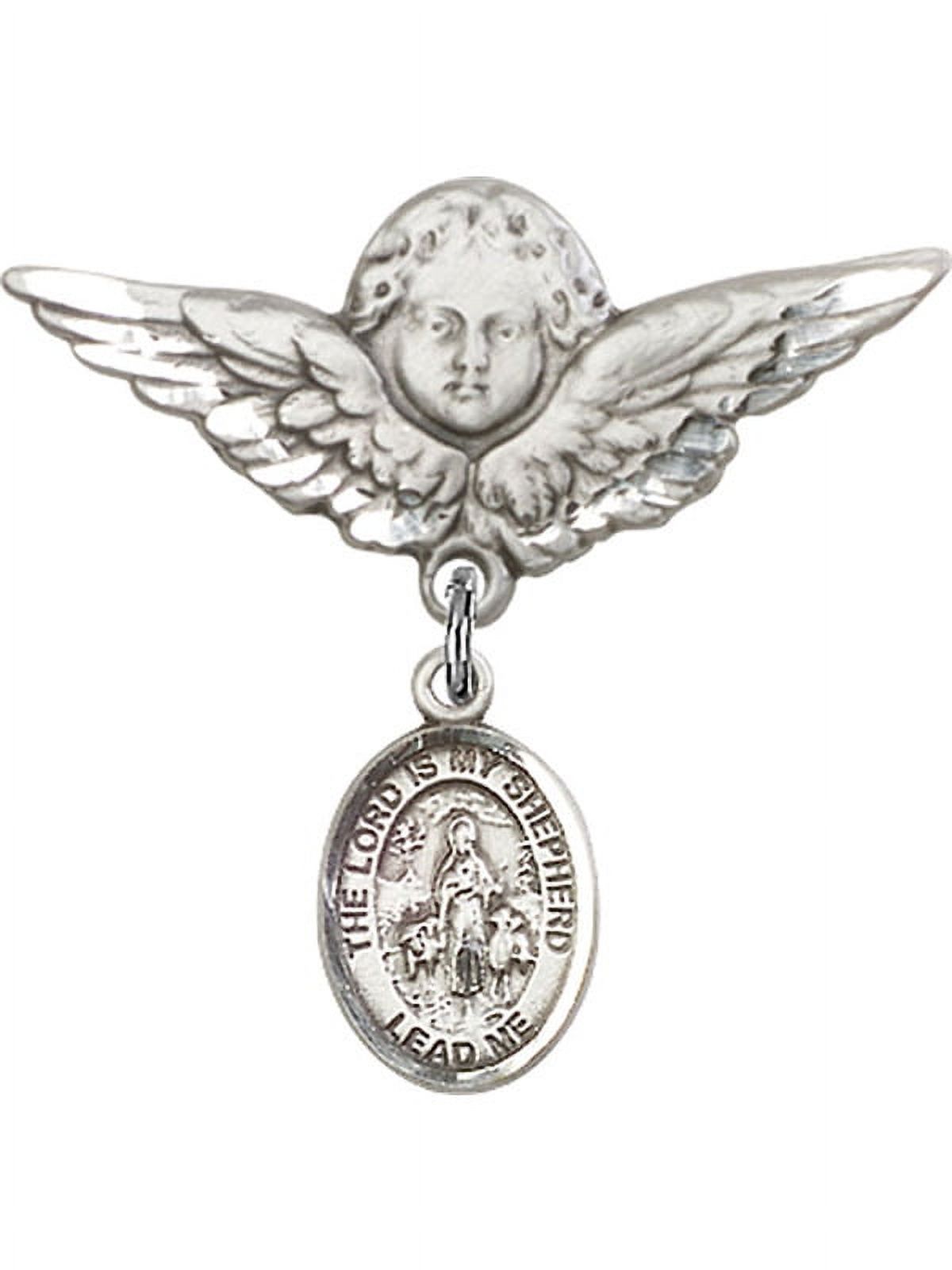 Sterling Silver Baby Badge with Lord Is My Shepherd Charm and Angel w ...