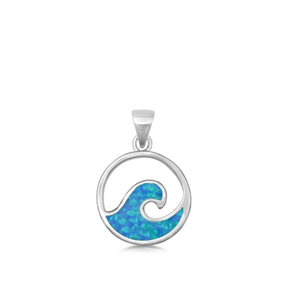 Sterling Silver Blue Simulated Opal Ocean Wave Pendant Open Hoop Charm ...